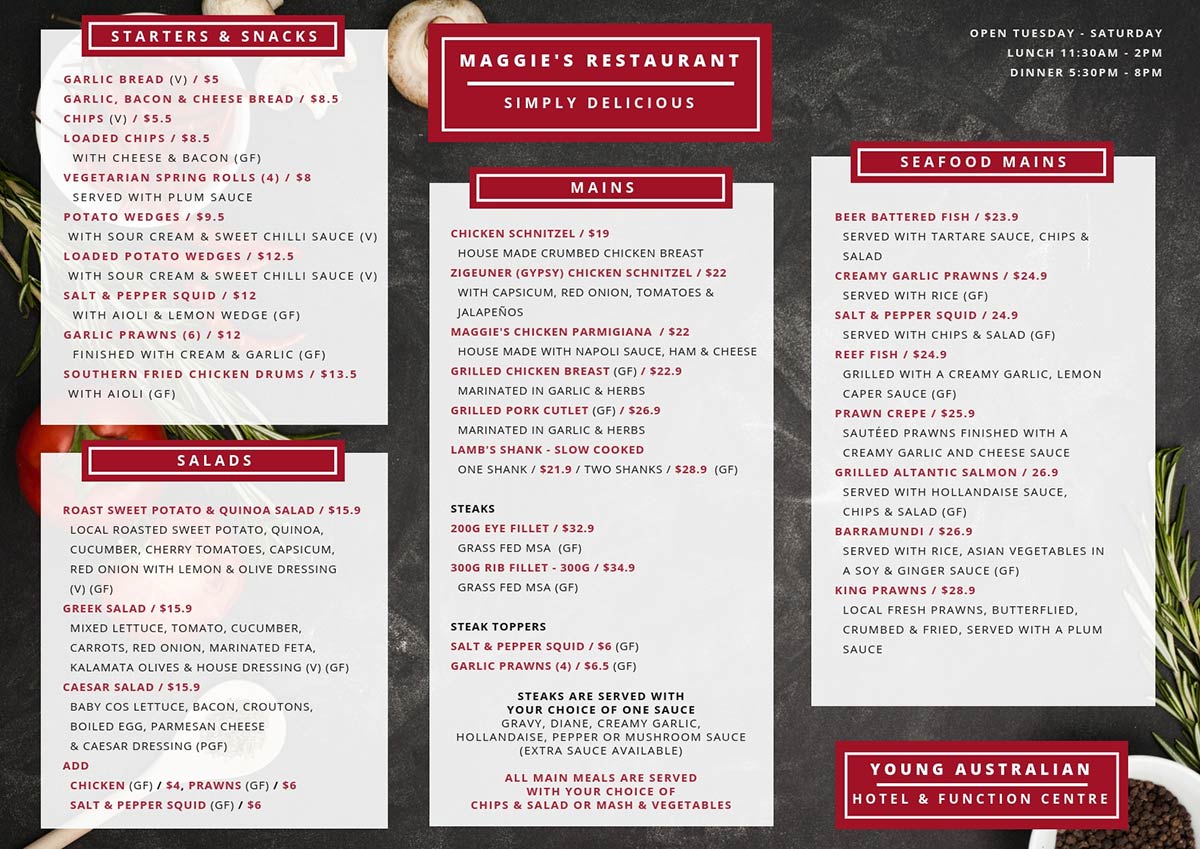 Maggie's Restaurant - Menu - Young Australian Hotel and Function Centre ...